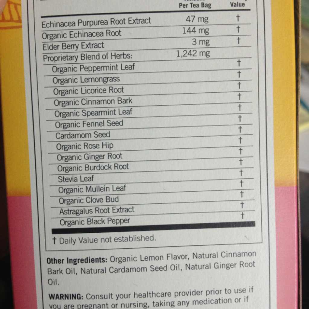 Yogi Tea Tea, Echinacea Immune Support: Calories, Nutrition Analysis & More | Fooducate