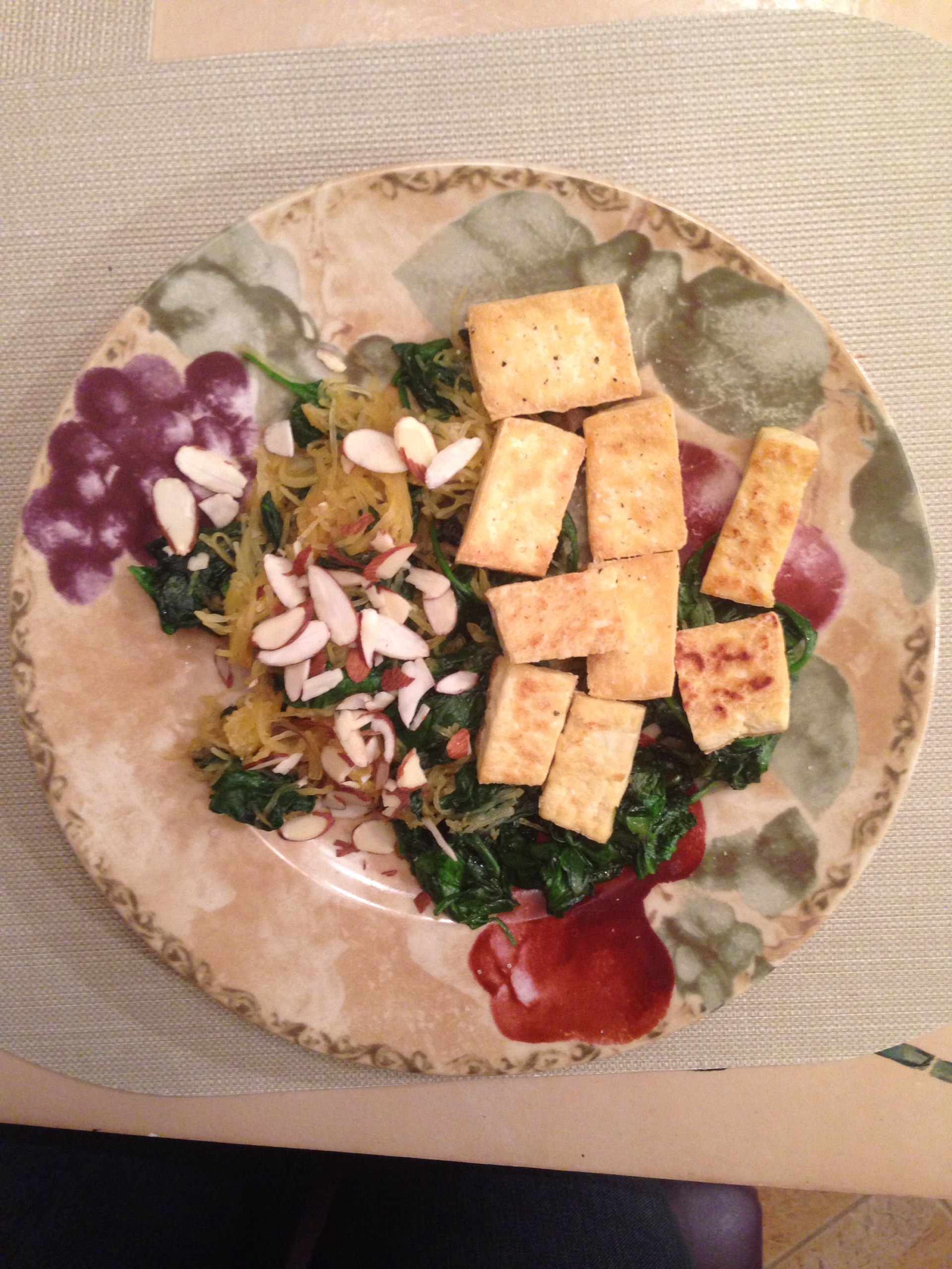 My dinner: grilled tofu, sautéed spinach, spaghetti squash, and almonds ...