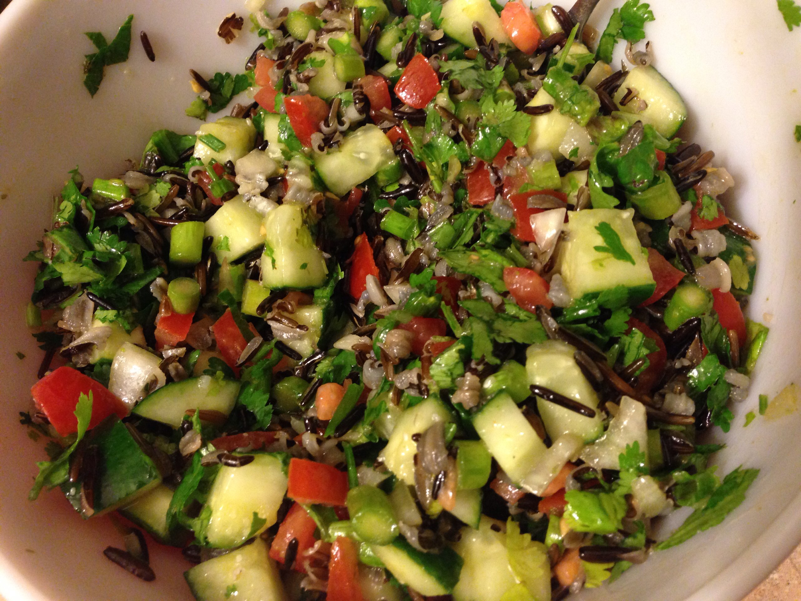 Today's raw vegan dinner. Sprouted wild rice, onion, garlic, tomatoes ...