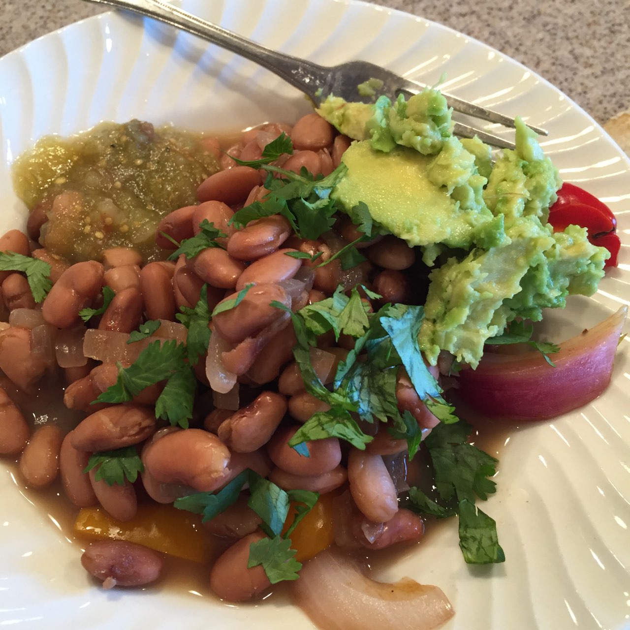 Dinner tonight was pinto beans, onion and peppers, salsa verde, and ...