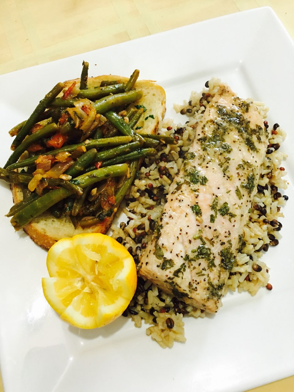 Today's lunch: baked yellowtail fish, with brown rice medley and a ...