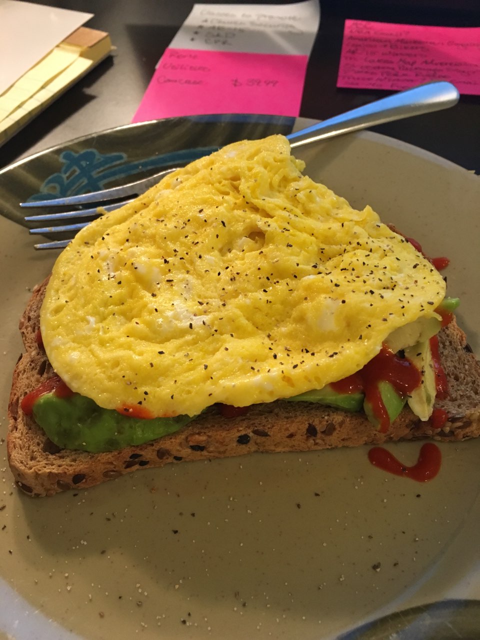 Dave's Killer Bread, egg, avocado, and sriracha for breakfast! Having ...