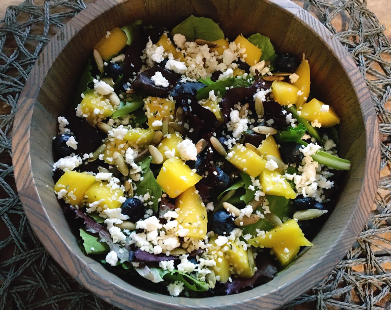 Late lunch salad One of my favorite salads so far. Blueberries, mango ...