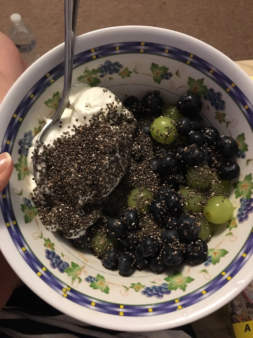 Breakfast. Grapes, blueberries, chia seeds and Greek yogurt ...