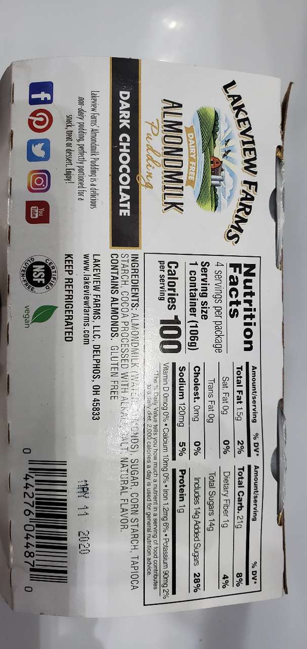 Lakeview Farms Almondmilk Pudding, Dark Chocolate: Calories, Nutrition ...