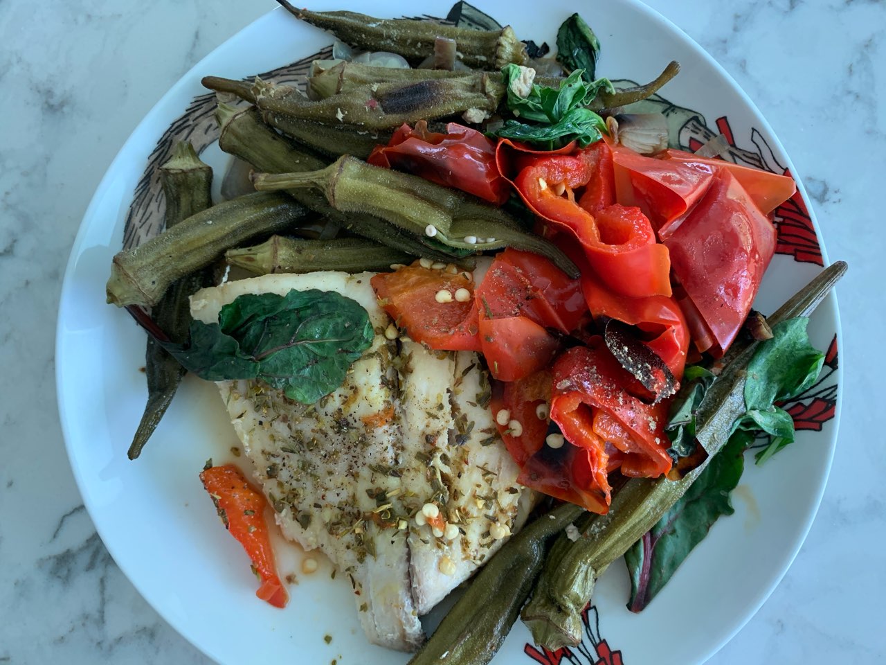 Random fish lunch today with whatever I could find in the fridge. Still ...