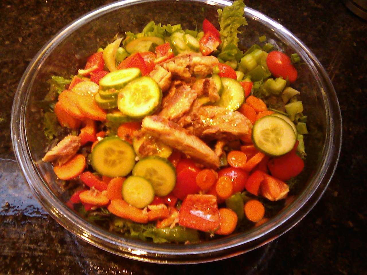 My huge lunch salad right before I tossed it. Lettuce, fine-sliced Napa ...