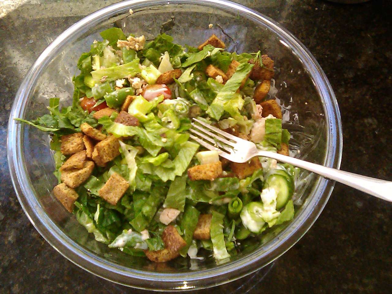 lunch salad of romaine, fennel, celery, snap peas, cherry tomatoes ...