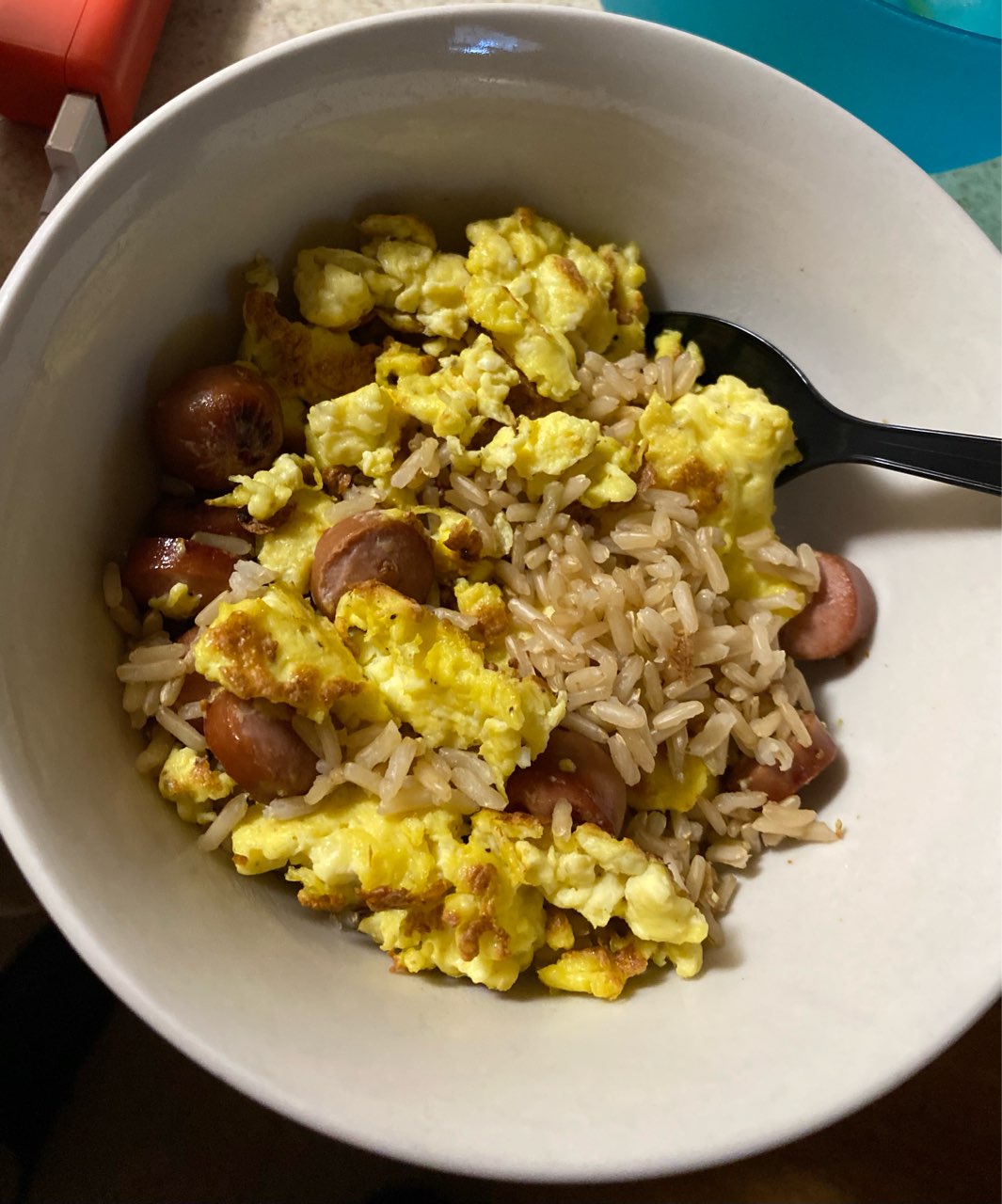 Brown rice, Scrambled eggs and Tossed in a sliced turkey hot dog just ...
