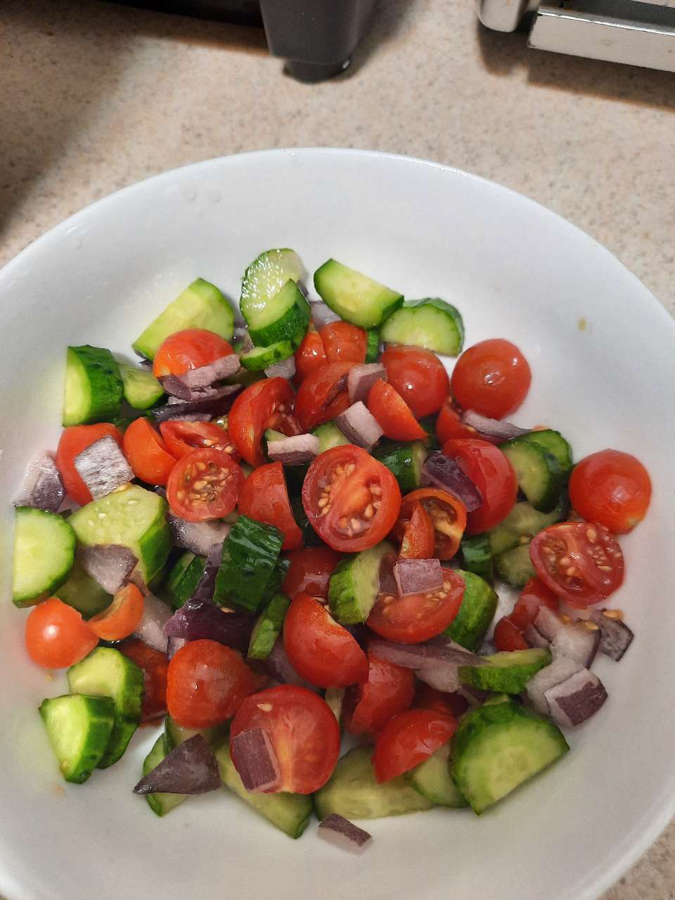 Salad topping for my Greek bowl. Cucumbers and Tomatoes from my garden ...