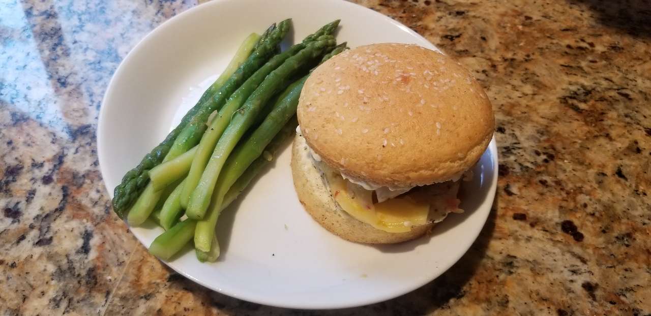 I made myself a fishwich from my leftover halibut dinner on a Smart Bun ...