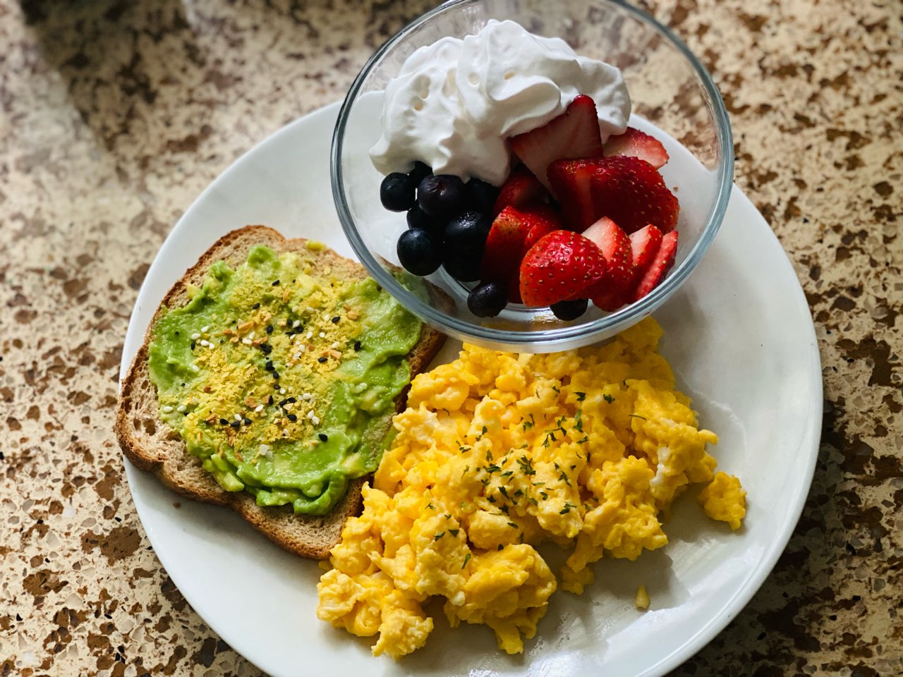 Breakfast. 2 eggs, thin sliced avo toast, berries and whipped cream ...