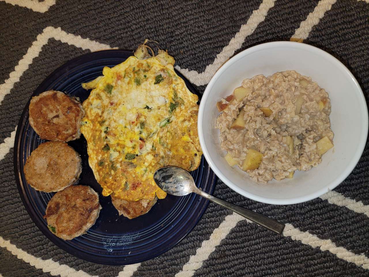post workout meal. Chicken sausage patties, veggie egg omelette and ...