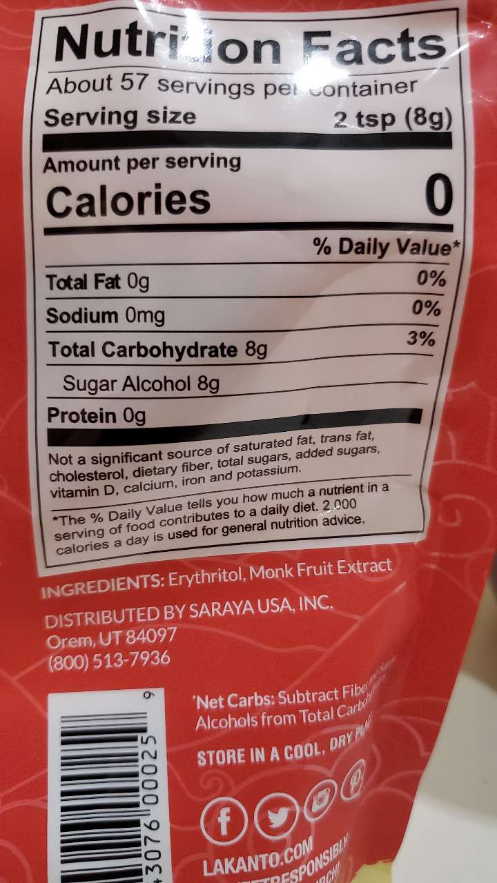 Lakanto Sweetener With Erythritol, Monkfruit: Calories, Nutrition ...