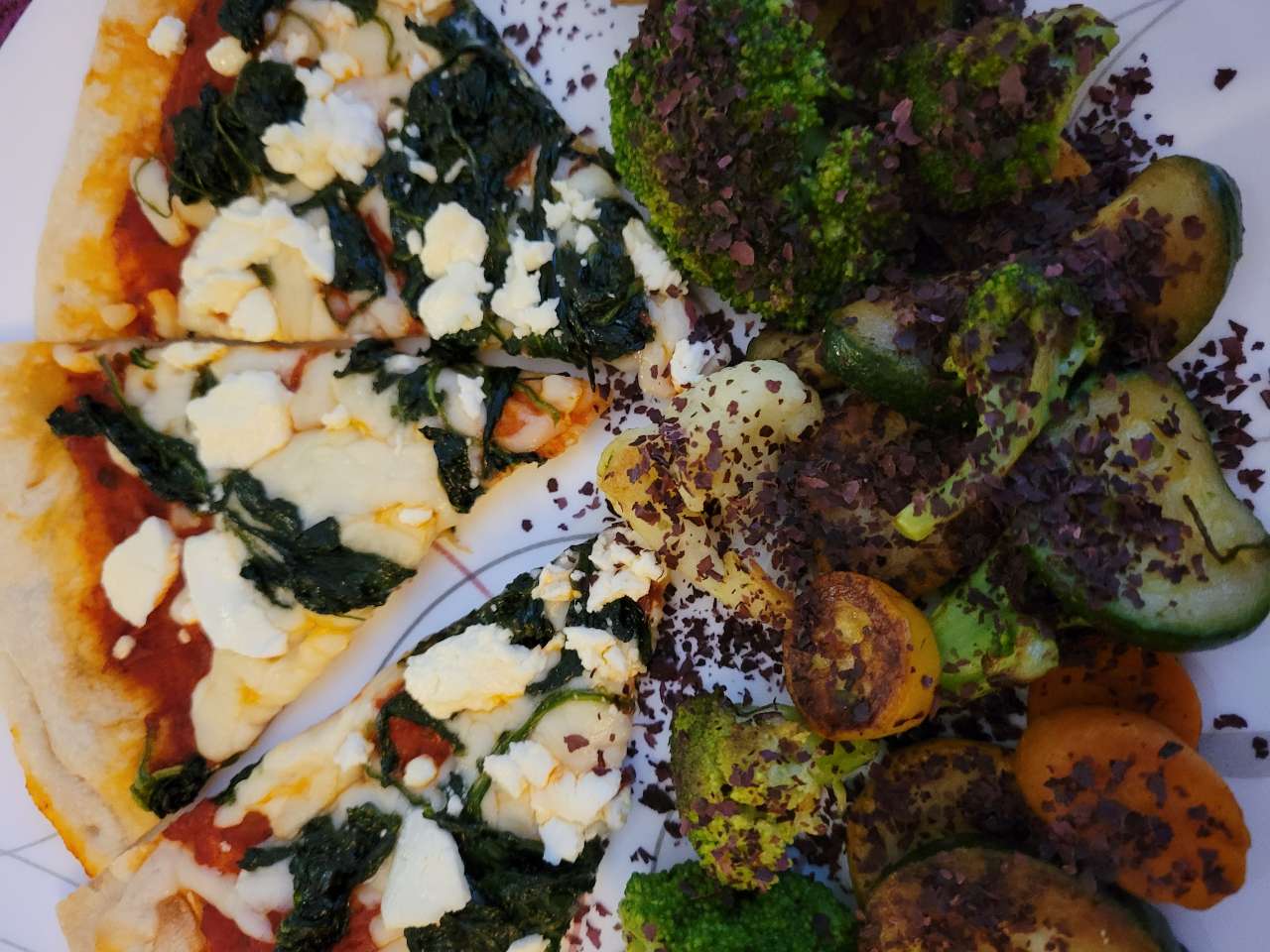 Dinner: homemade spinach and goat cheese pizza with veggies sprinkled ...