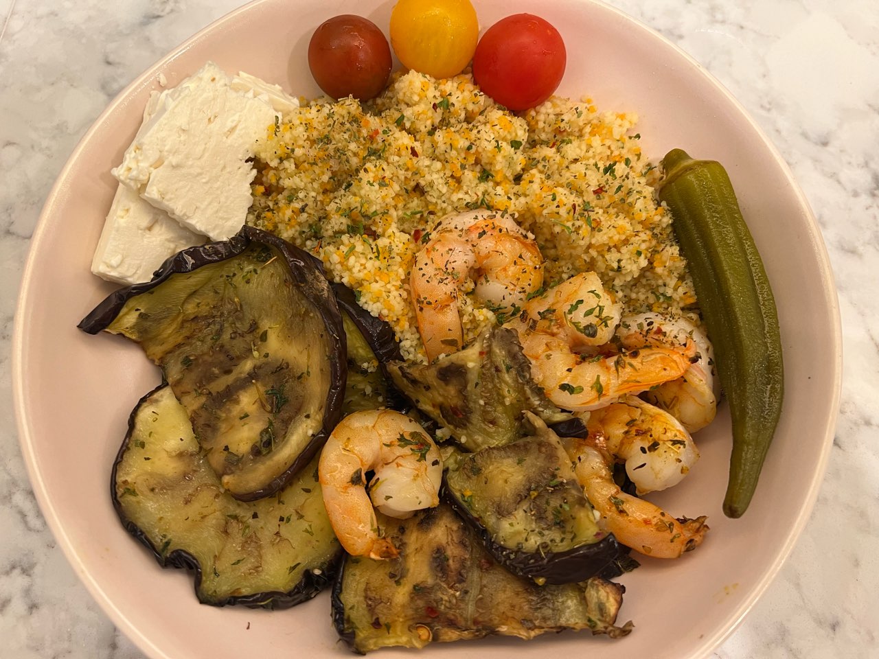 Chef Z creation tonight - couscous with eggplant and shrimp on the air ...