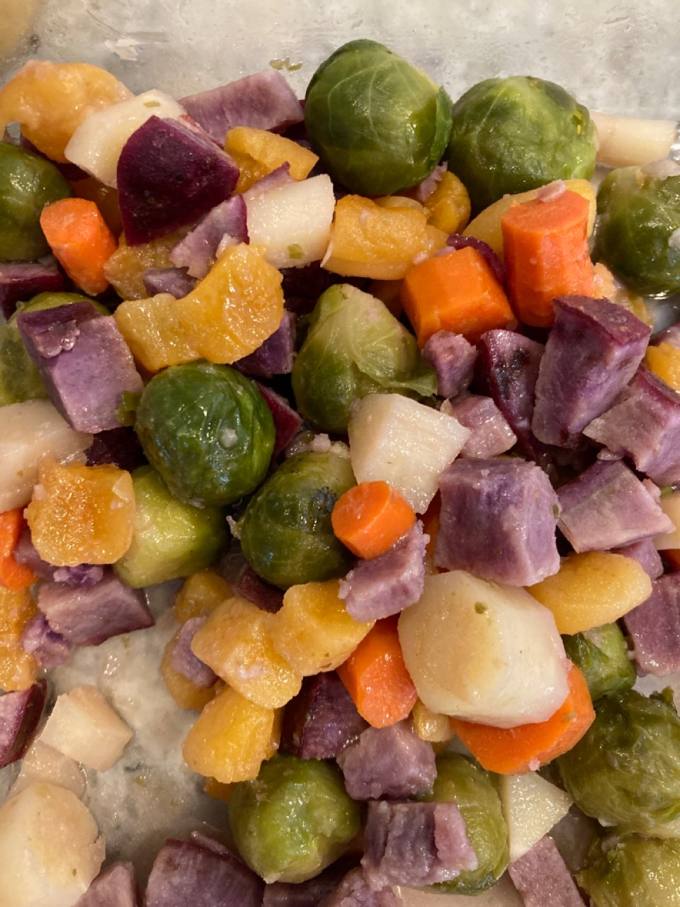 Parsnips, carrots, purple sweet potato, brussel sprouts, and apricot ...