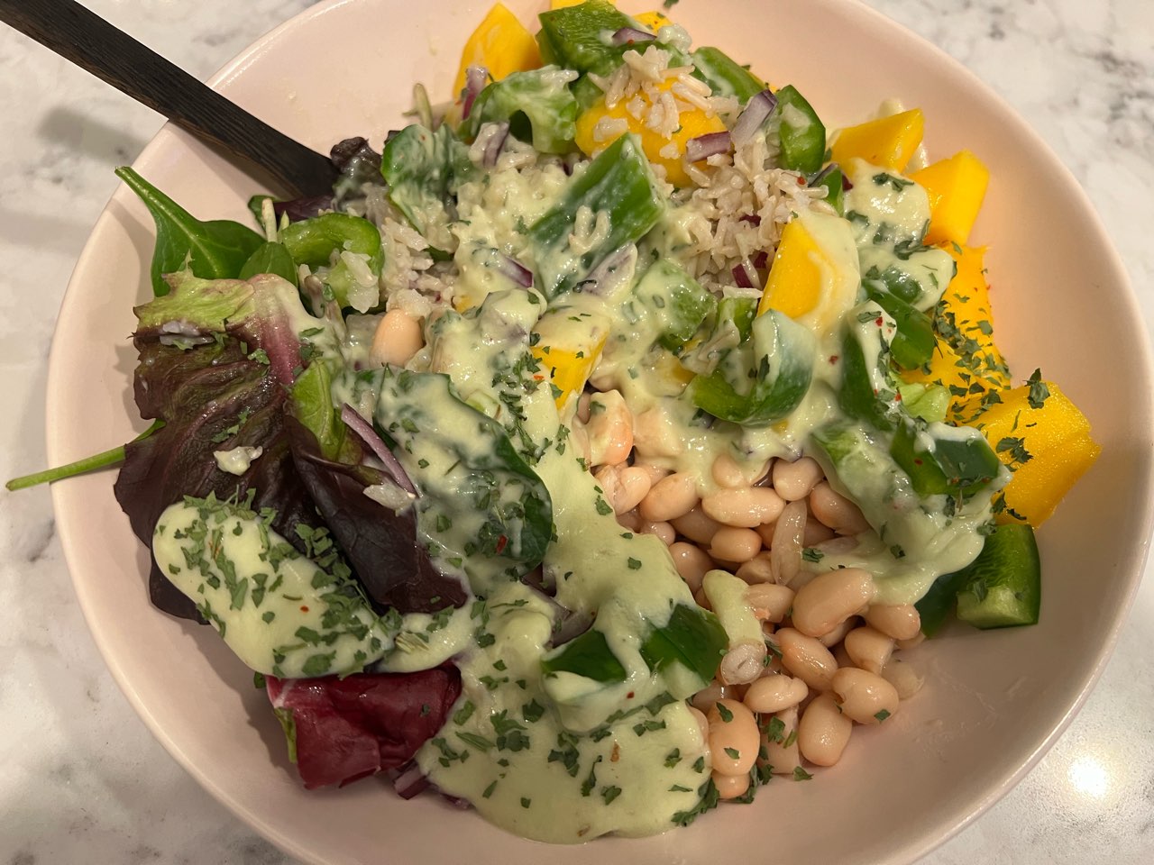 Brown rice bowl with beans, green pepper, mango, red onion and a ...