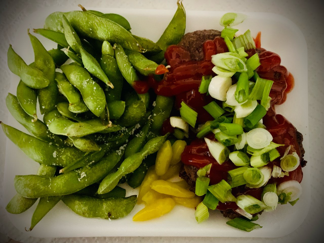 Late lunch Organic Grass Fed Beef Patties Edamame Ketchup Green Onion ...