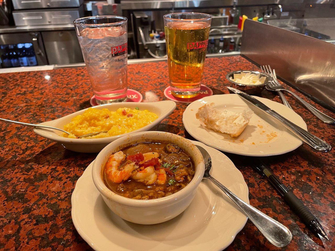 Pappadeauxs - side of cheese grits with corn & andouille- cup of shrimp ...