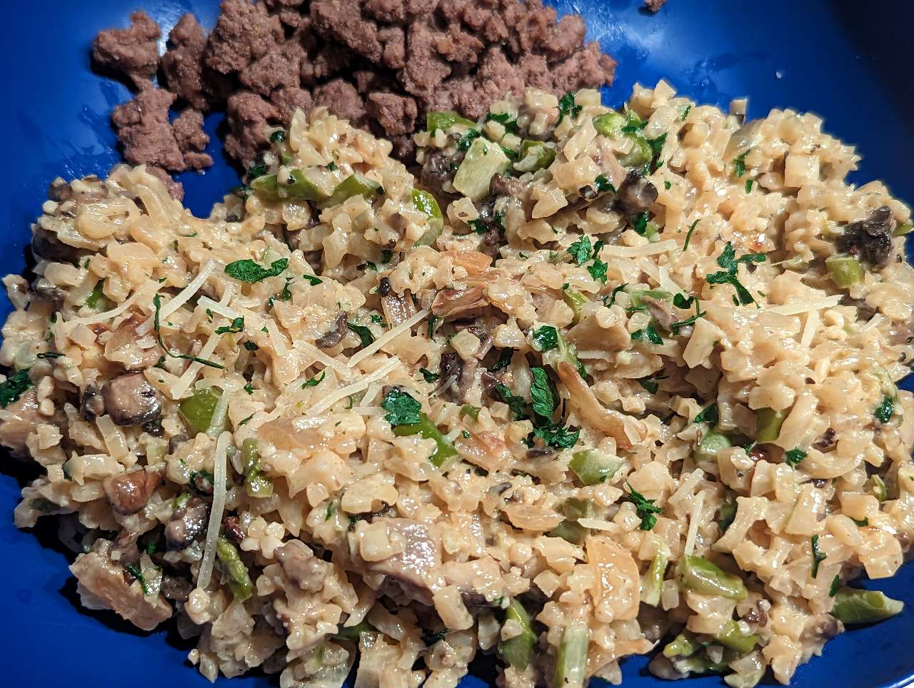 Mushroom and asparagus "risotto" with cauliflower and a side of ground ...