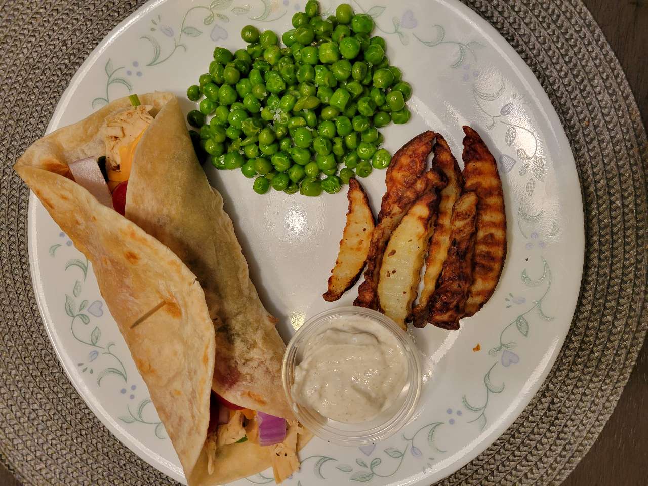 Last night's dinner was chicken shawarma with yogurt dip, airfried ...