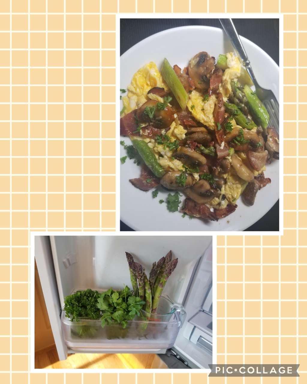 16.5-hr fast was scramble w/bacon, mushrooms, asparagus, parsley. I ...