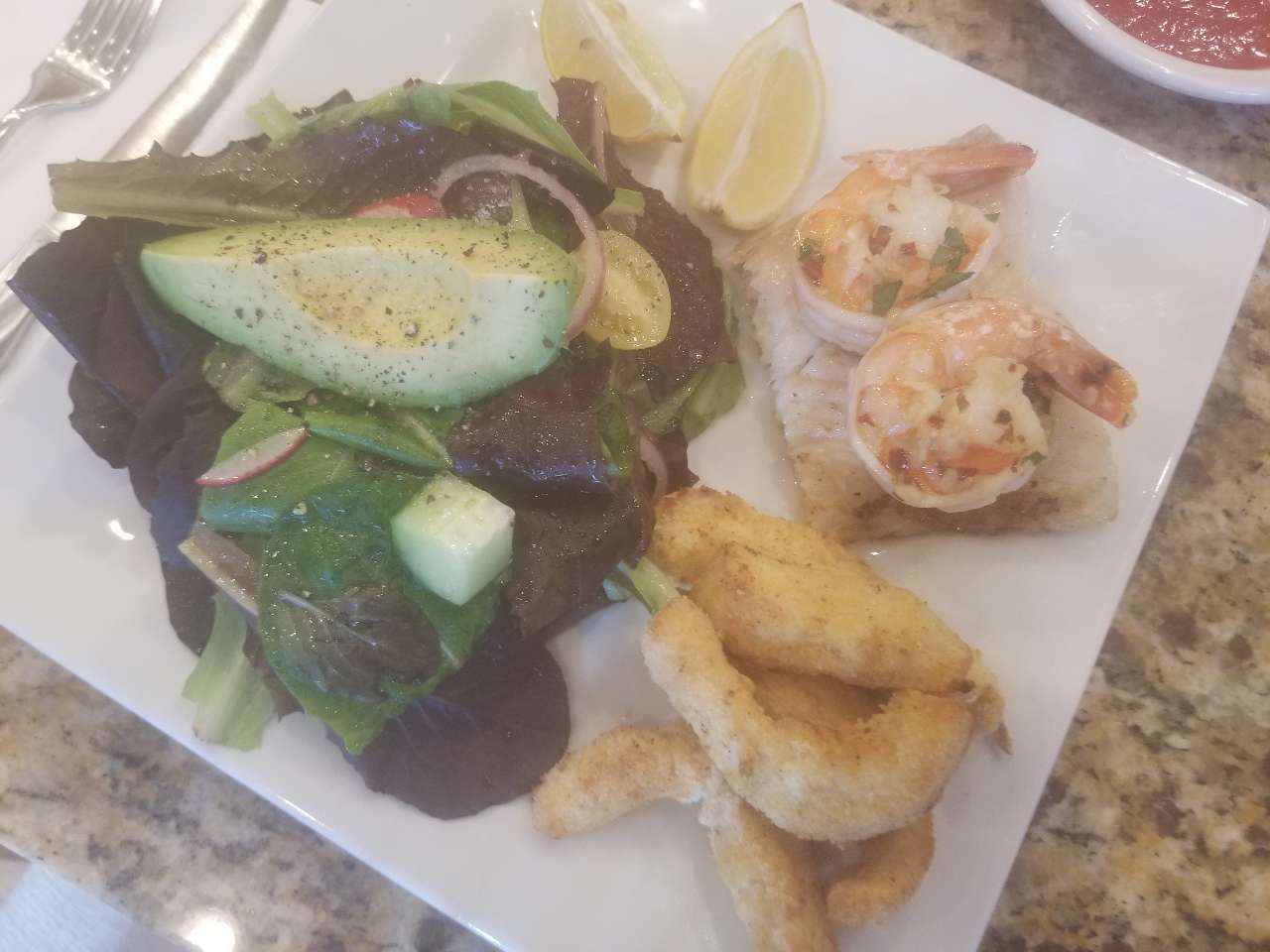 Dinner was delish ~~ a trio of seafood! I've got wild Alaskan halibut ...