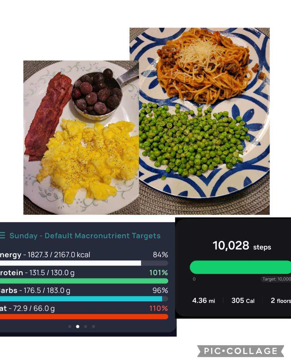 Today's steps, macros, breakfast, and dinner. Lunch was chicken, quinoa ...