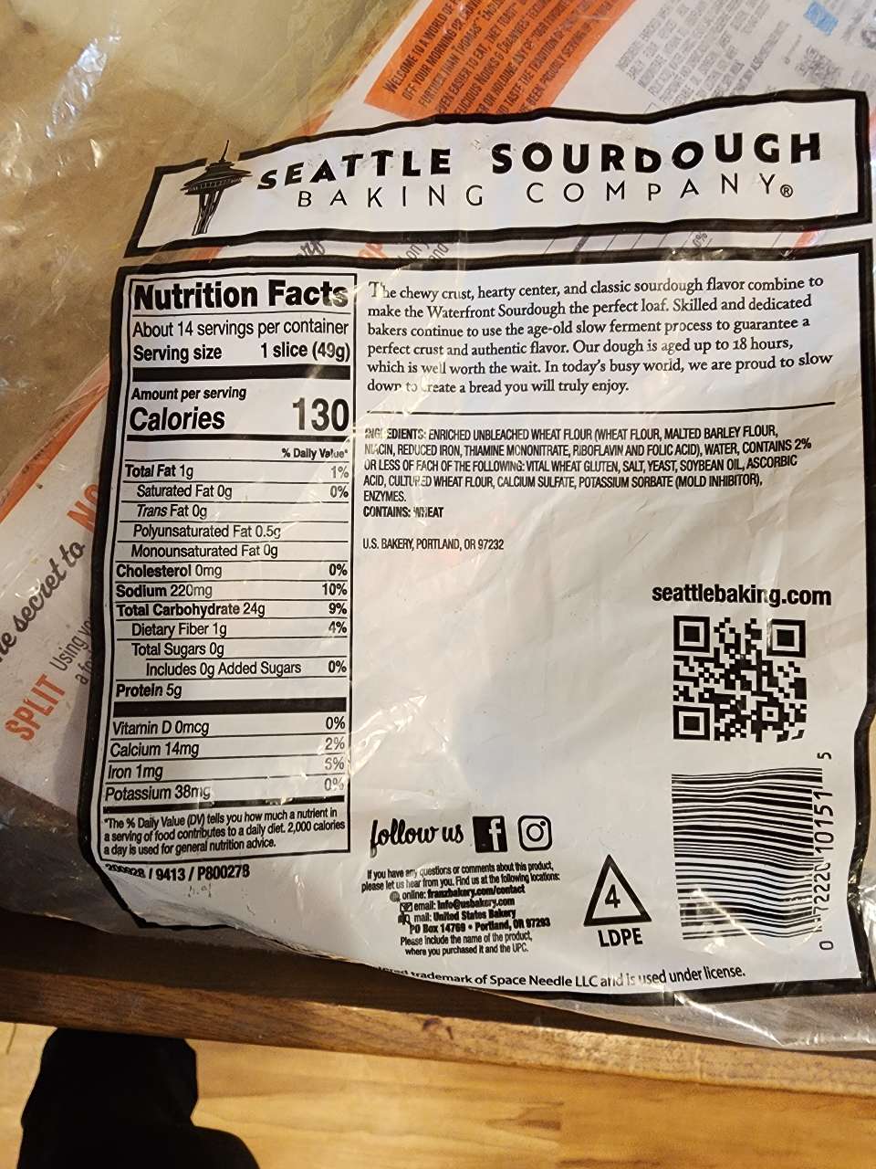 Seattle Sourdough Baking Company Sourdough Bread, Waterfront: Calories ...