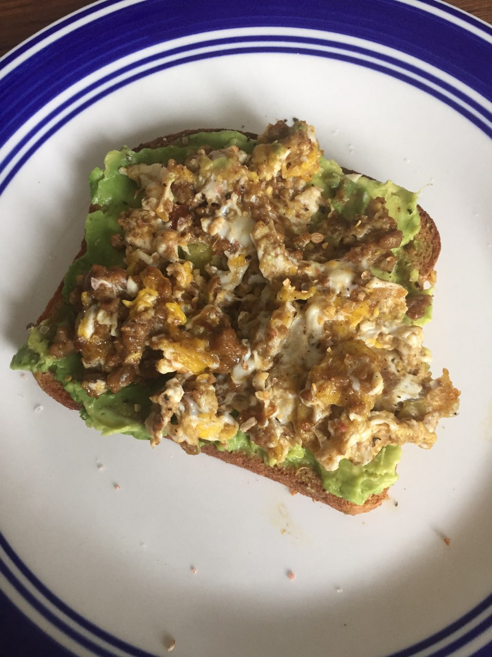 “Beef” Scramble on Avocado Toast: Directions, calories, nutrition ...
