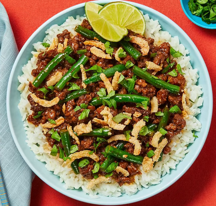 Sweet Chili Beef & Green Bean Bowls with Jasmine Rice, Crisp ...